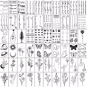 Realistic Temporary Tattoos for Women - 60 Sheets Tiny Small Removable Adult Fake Tattoos,185 Pcs Minimalist Waterproof Inspirational Quotes Words Wild Flower Floral Bouquet Adults Tattoo Stickers