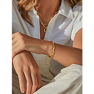 KeyStyle Gold Paperclip Chain Bracelet for Women, 18k Gold U Shaped Link Bracelets for Wife Fiancee, 21cm
