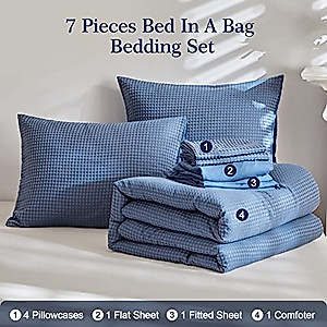 WARMDERN Blue Comforter Set Queen Size Waffle Weave Lightweight Bedding Comforter Sets Soft Microfiber Down Alternative Comforter 7 Pieces Bed in A Bag All Season(Blue, Queen)