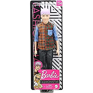 Barbie Ken Fashionistas Doll #154 with Sculpted Purple Hair Wearing a Color-Blocked Plaid Shirt, Black Denim Pants & Boots, Toy for Kids 3 to 8 Years Old