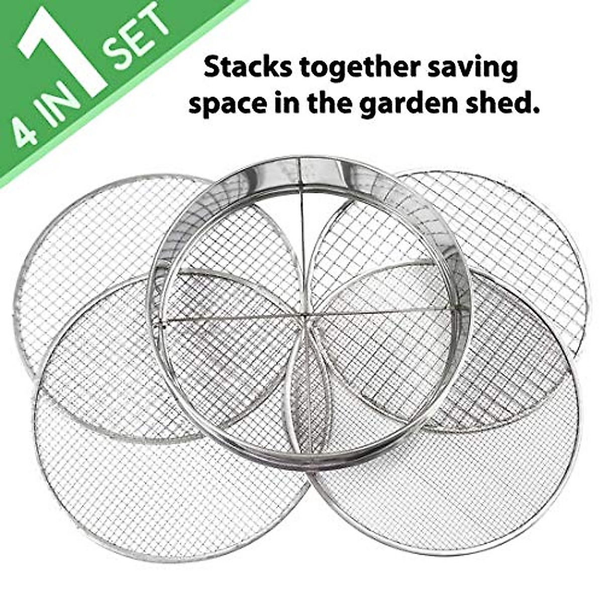 Practicool Garden Potting Mesh Sieve - Sifting Pan - Stainless Steel Riddle - Mix Soil Filter - with 4 Interchangeable Mesh Sizes - 3, 6 , 9, 12mm