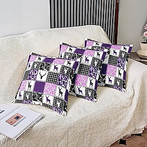 Set of 2 Camo Deer Throw Pillow Covers 20x20 Inch, Buffalo Check Pillow Covers for Girls, Patchwork Geometric Plaid Purple Gray Farmhouse Boho Xmas Camouflage Antlers Moose Elk Cushion Cases