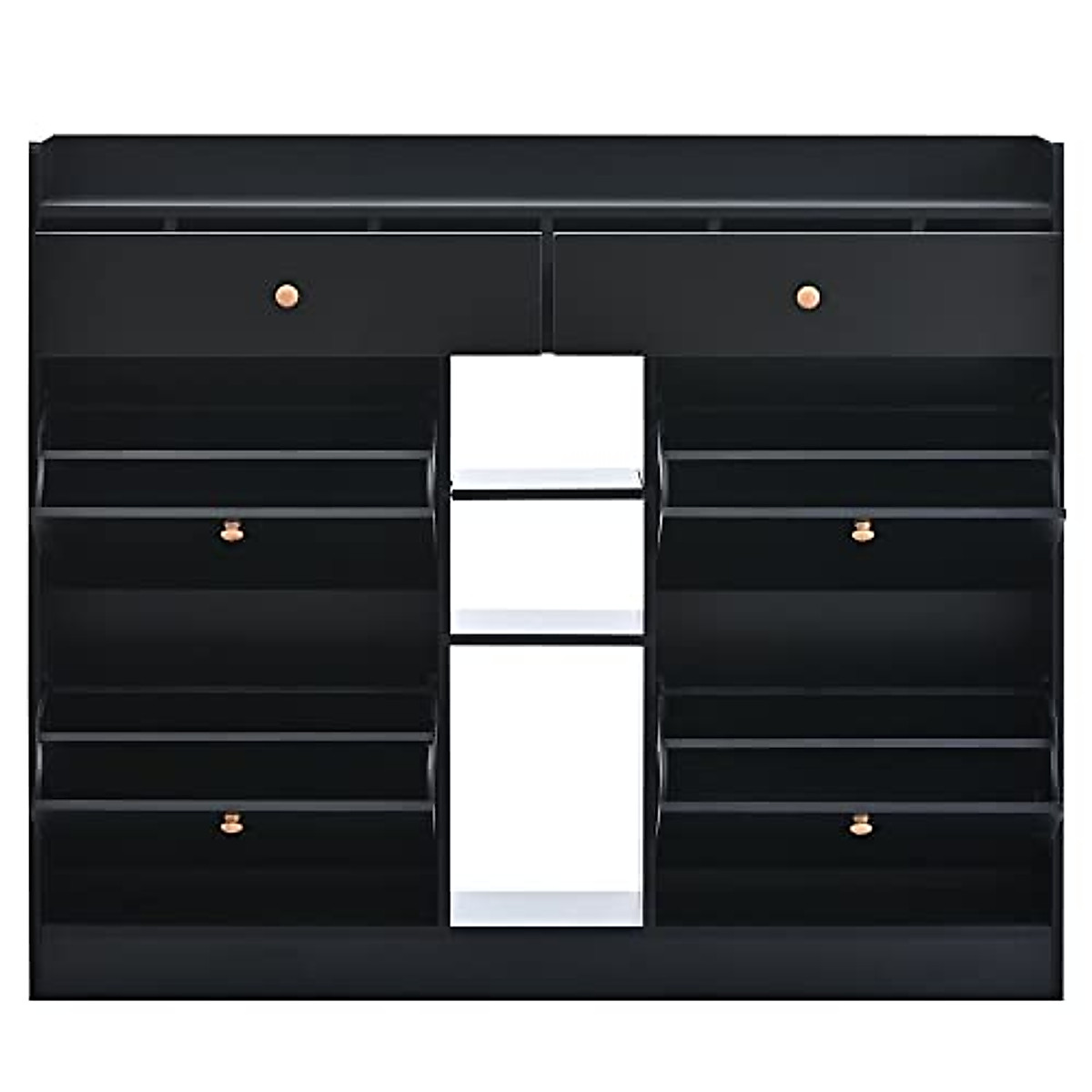 SSLine Boho 4-Door Shoe Cabinet with 2 Drawers Free-Standing Shoe Rack Modern Black Wood Shoe Storage Organizer w/Flip Down Storage Shelves for Entryway Hallway Small Space