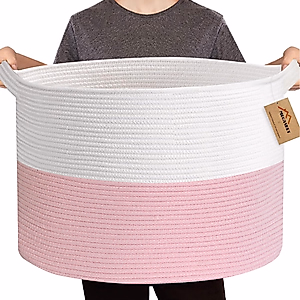 MEGASKET Pink Storage Baskets for Organizing, 22"X22"X14" XXXL Blanket Basket Living Room, Large Toy Basket, Soft Pink Cotton Rope Woven Baskets for Storage, Decorative Gifts Basket Bins for Nursery
