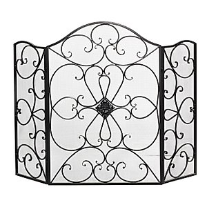 Deco 79 Metal Scroll Foldable Mesh Netting 3 Panel Fireplace Screen, 48" x 1" x 38", Brown