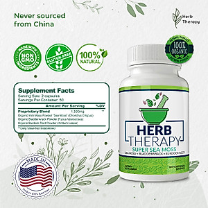 Herb Therapy Sea Moss Capsules 100 Pack - Irish Sea Moss with Bladderwrack Powder & Burdock Root Powder - Keto & Alkaline Diet Support - No Fillers Seamoss Raw Supplement