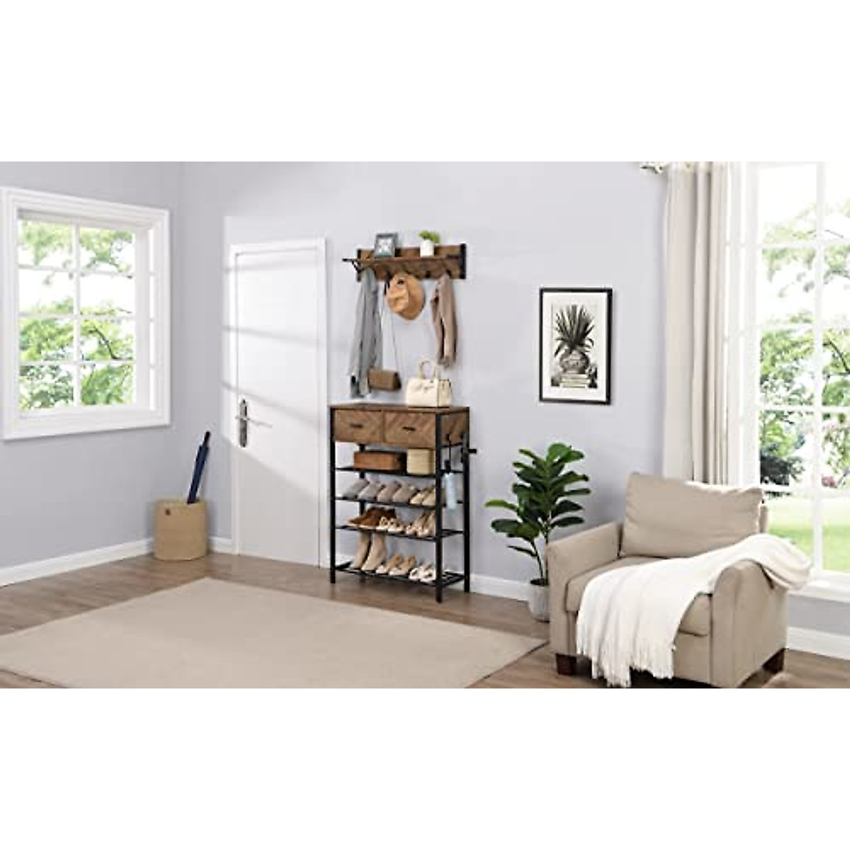 Pvillez 4-Tier Shoe Rack, Entryway Coat Rack Shoe Storage Organizer for Front Door, Entry Table Shoe Hat Racks Shelf Organization Hanger, with Hooks Drawers Entrance Hallway Furniture