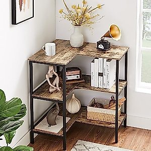 VECELO Corner Cabinet Table with 3 Tier Open Shelf, Multipurpose Display Organizer Storage Stand, for Small Space Living Room Home Office Kitchen,Grey