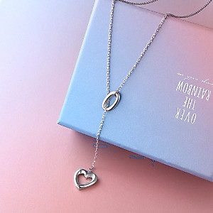 Long Necklace 925 Sterling Silver Adjustable Oval Heart Y Shaped Lariat Necklace for Women Teen Girls Gifts, 20 + 2 inches