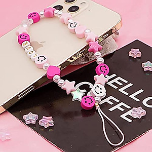 Beaded Phone Lanyard Wrist Strap Smiley Face Beaded Handmade Colorful Polymer Clay Acrylic Beads Pearl Phone Charm Strap for Women Grils