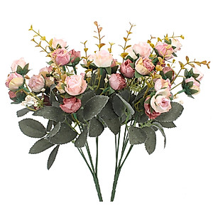 Duovlo 7 Branch 21 Heads Artificial Flowers Bouquet Mini Rose Wedding Home Office Decor,Pack of 2 (2 PCS Pink)