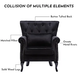 LZAREAL Accent Reading Arm Chairs Set of 2 for Living Room Bedroom, Midcentury Modern Comfy Corner Sofa Chair, Wingback Waiting Room Club Chair with Button Tufted Back &Lumbar Pillow, Velvet Black