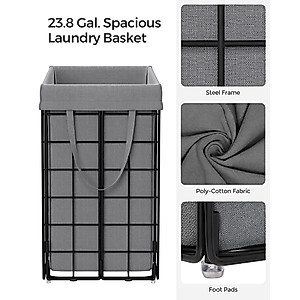 SONGMICS Laundry Hamper, 23.8 Gal. (90L) Laundry Basket, Collapsible Clothes Hamper, Removable and Washable Liner, Metal Wire Frame, for Bedroom Bathroom, Black and Gray ULCB190G01