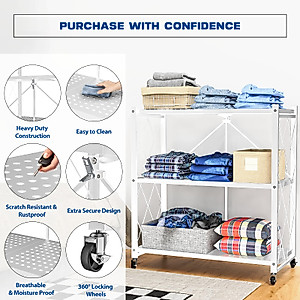 Lifetime Home 3-Tier Foldable Storage Shelf with Wheels - Metal Collapsible Shelving Unit Display, Rolling Cart for Books Kitchen Storage Shelves, Pantry & Closet Organizer, Office Room Decor - WHITE