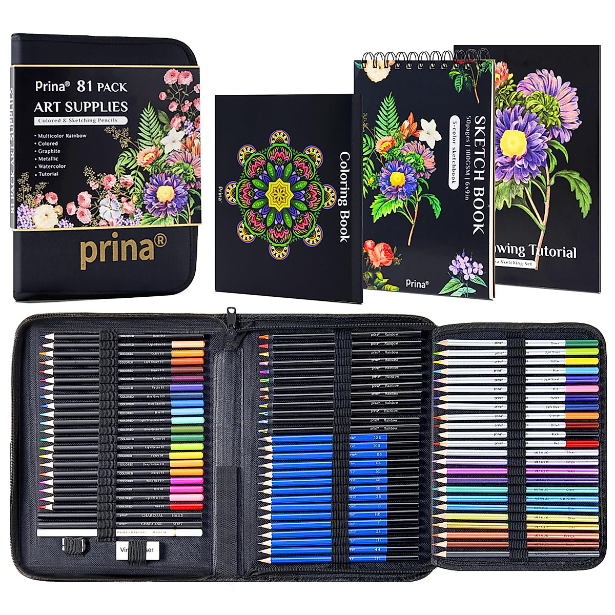 PRINA 81 Drawing Set Sketching Kit, Pro Sketch Stuff Art Supplies with Rainbow, Colored, Graphite, Watercolor, Metallic, Charcoal Pencils, Sketchbook, Coloring Book, Gift Case for Artists Adults Kids