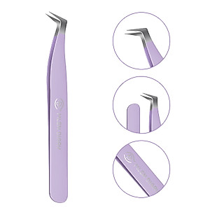 MLEN DIARY Lash Tweezers for Eyelash Extensions Stainless Steel Eyelash Extension Tweezers Curved L Angled Tips Flat Lashing Tweezer Tools for Volume,Isolation & Classic Lashes - Purple