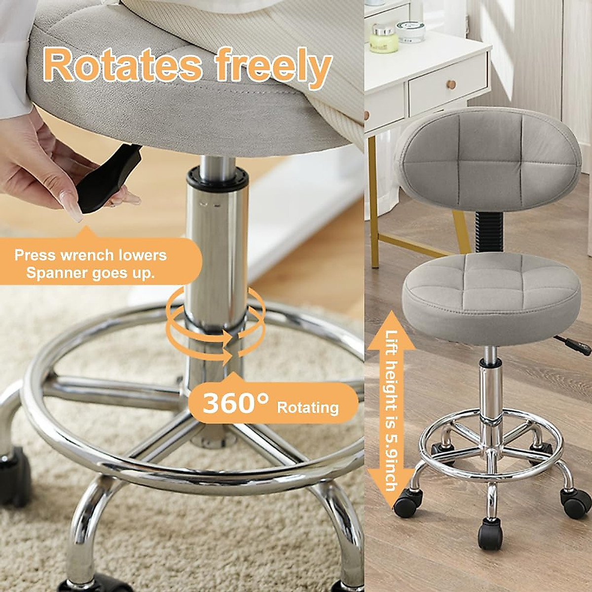 HDHNBA Modern Office Desk Chair Rolling Stool Computer Chair with Low Back Height Adjustable Work Home Salon Drafting Swivel Task Chair with Footrest