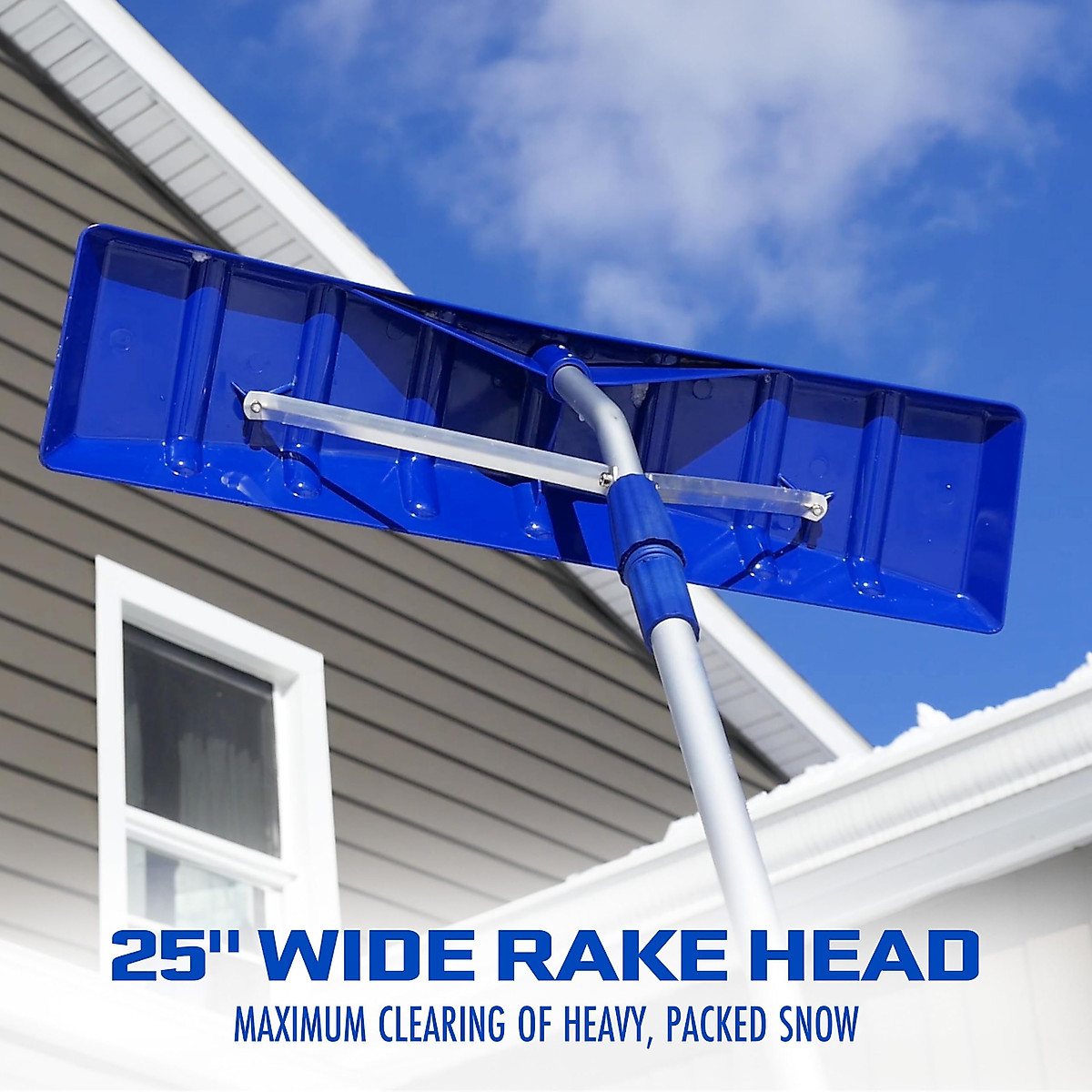 Snow Joe RJ204M 21' Twist-n-Lock Telescoping Snow Shovel Roof Rake with 6" by 25" Poly Blade, 25 inches, Blue