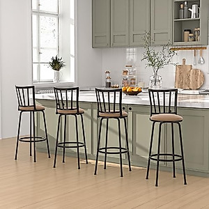 VECELO Barstools, Adjustable Counter Stools, Steel Bar Stools with 360 Degree Swivel Seat and Upholstered, Straight Line Backrest, 4 Packs