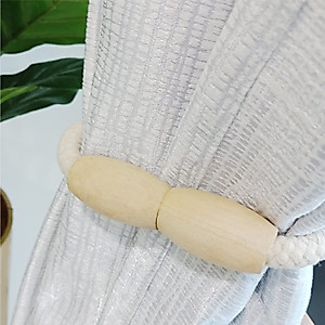 Magnetic Curtain Ties Holdbacks Tiebacks, Wood Bead Decorative Drape Tie Backs Holdback Holders for Blackout Sheer Window Treatment Outdoor, Convenient Curtain Ties No Tools Required White 2 Pack