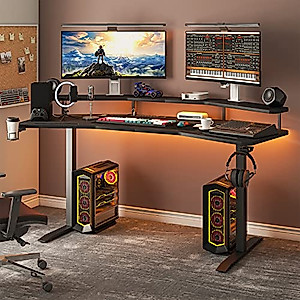 Melodyblue Gaming Desk with LED Lights, 63" Wing-Shaped Computer Desk with RGB Mouse Pad, Power Outlets, Monitor Stand, Headphone Hook, Cup Holder, Ergonomic Studio Desk, Gaming Table, Black