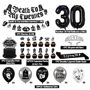 ADLKGG 30th Birthday Decorations for Women or Men, Death to My 20s Decorations with Death to My Twenties Banner, Rip to My 20s Sash, Cake Toppers for Funny Thirty Birthday Party Supplies (Black)