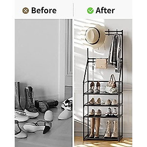 TIMEBAL Shoe Rack Coat Hat Rack, Stackable Shoe Storage Organizer, holds 8 Pair Shoes and Boots and hangs Coats & Hats, Durable Metal Pipes Shoe Shelf Organizer for Entryway, Hallway, Living Room