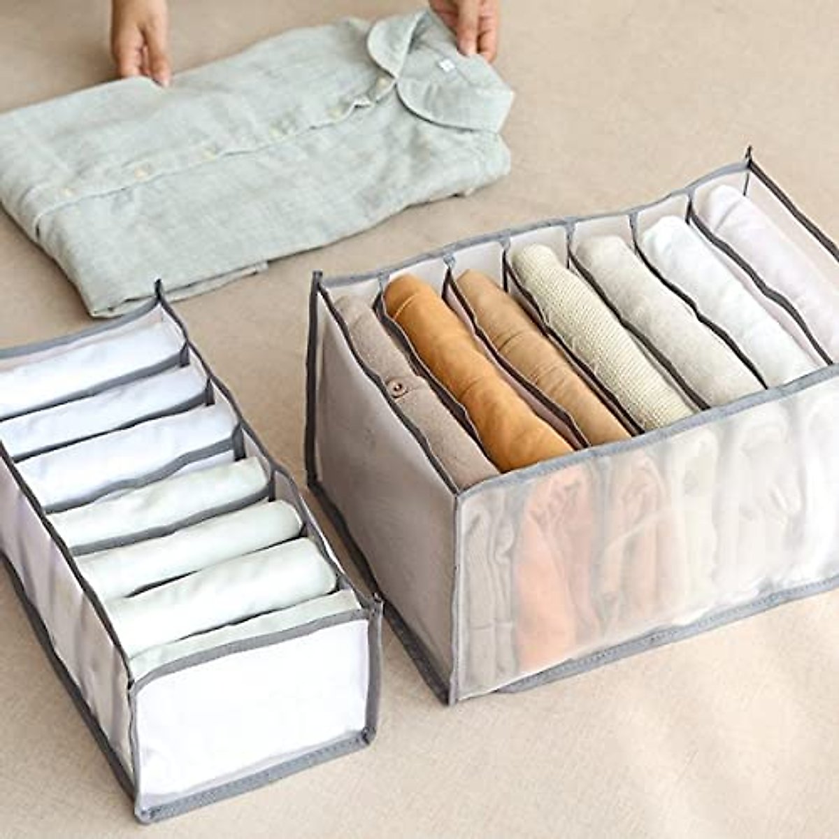 2PCS Clothes Organizer（7 Grids）Drawer Dividers for Clothes - Foldable Grid Storage Box with Multiple Layers