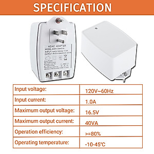 JAMHER 16.5 Volt Doorbell Transformer 16.5VAC 40VA 2424mA Plug in Transformer with PTC Fuse Compatible with Nest Ecobee Sensi and Honeywell Thermostat and All Versions of Ring Doorbell
