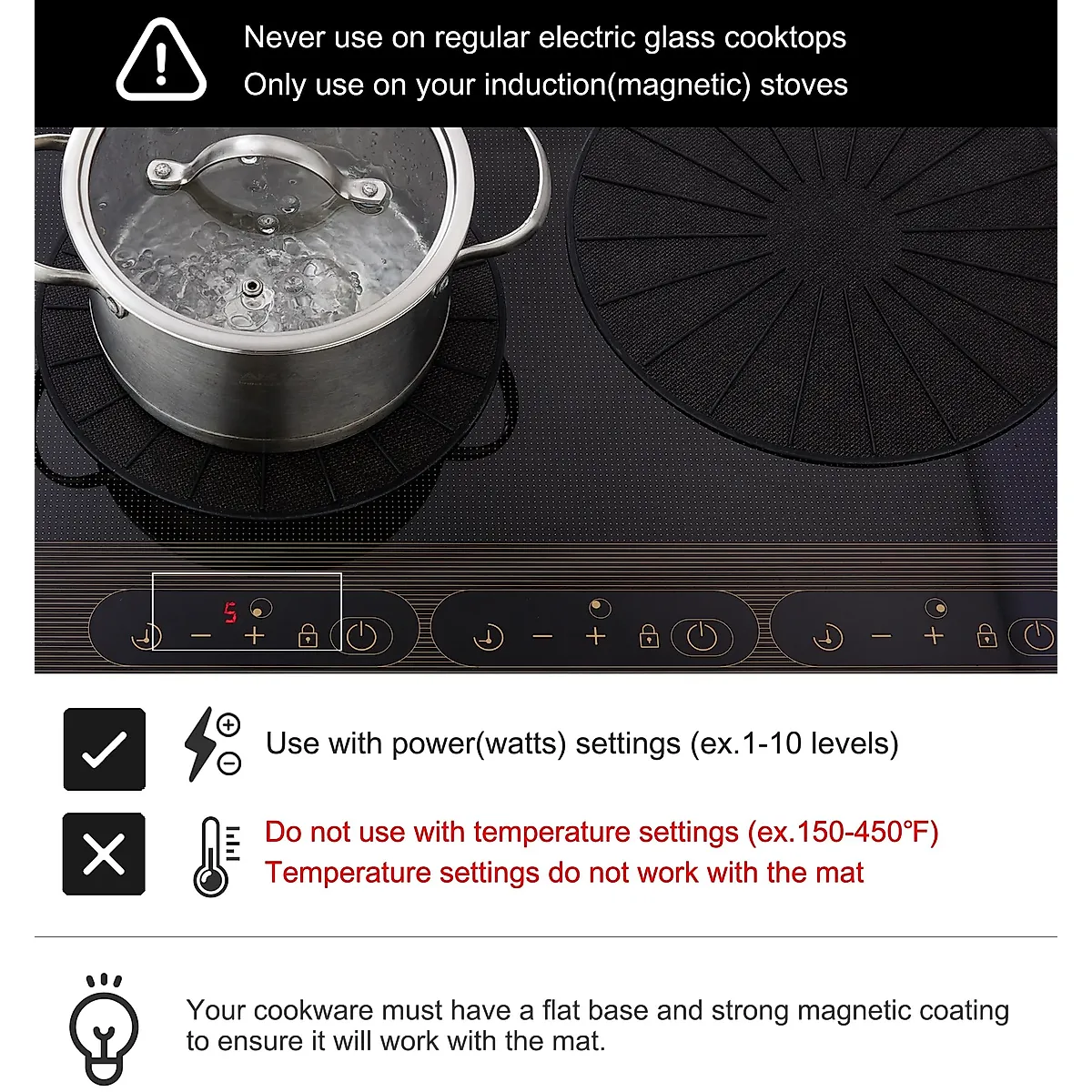 Lazy K Induction Cooktop Mat - Silicone Fiberglass Scratch Protector - for Magnetic Stove - Non slip Pads to Prevent Pots from Sliding during Cooking - Square (7.4inches) Black