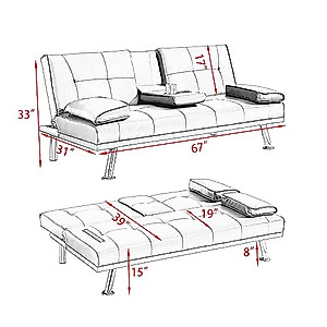 KNAMOTL 67" Double Folding Sofa Bed with Coffee Table, Modern Multifunctional Leather Sofa Chair with Metal Leg and Removable Armrests for Living Room Small Space Living (Beige)