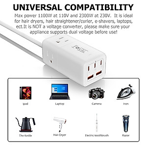 European Travel Plug Adapter, FOVAL US to UK Europe Power Strip 75W USB C Charger with 5 USB Ports, 3 AC Outlets, 5ft Extension Cord, for Spain, France, Ireland, Travel Home Cruise Ship