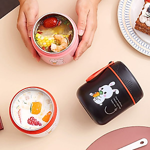 Yanglonghui Thermos with Foldable Spoon, Stainless Steel Thermal Food Container Soup Cup Leak Proof Insulated Lunch Box Hot Cold Food for Office Picnic Travel (Black)