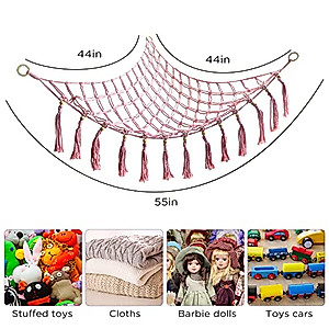 Pink Hammock with Wooden Beads and Fringe Toy Storage, Boho Room Decor, Bedroom Decor, Plush Toy Storage for Kids, Girls Bedroom Storage