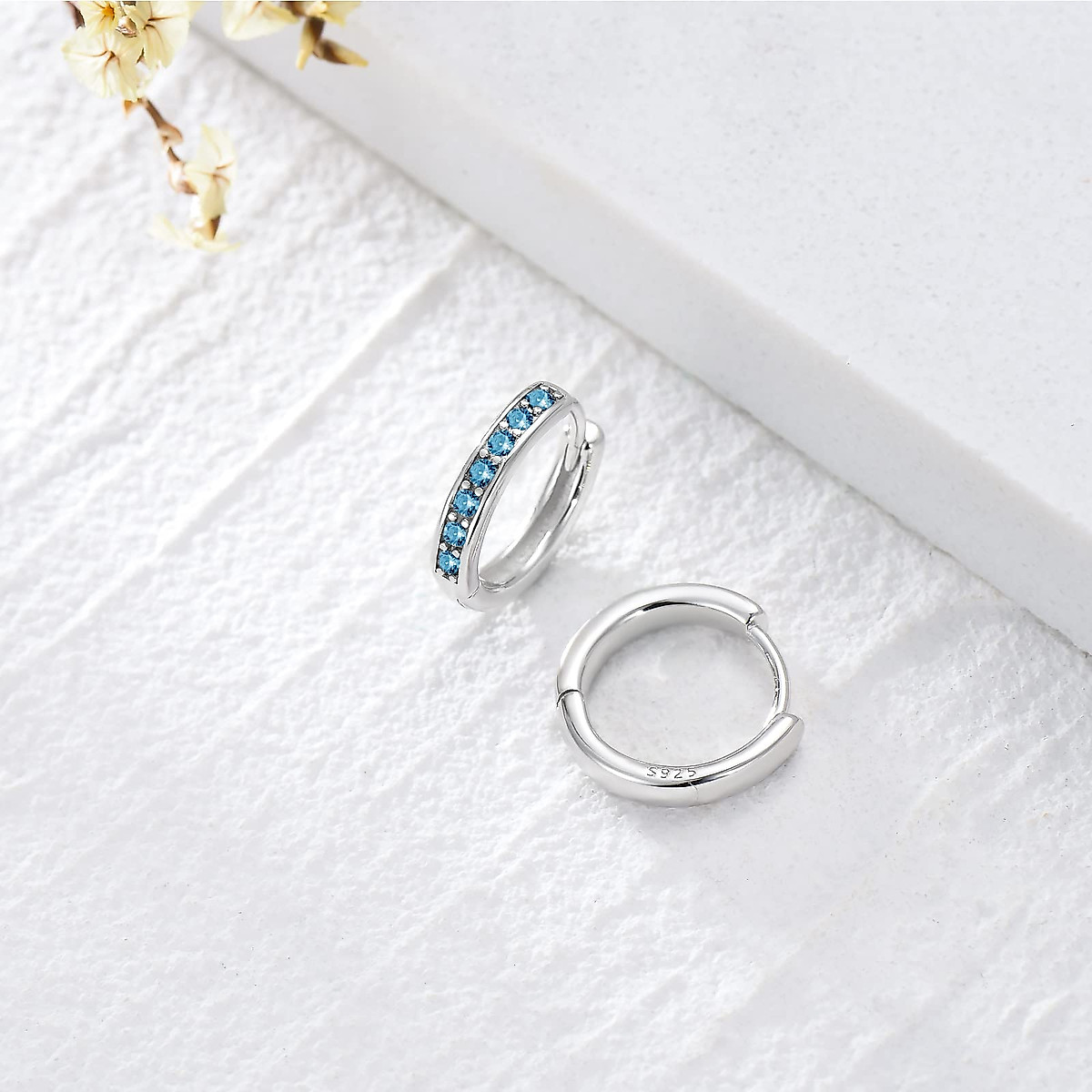 March Birthstone Huggie Hoop Earrings Sterling Silver Simulated Aquamarine Blue Birthstone Huggie Hoop Earrings Birthday Gifts for Women