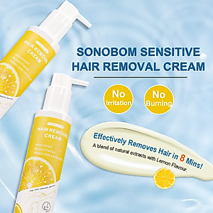 Sonobom Hair Removal Cream, Lemon Flavor, Painless, Non-Irritant for Sensitive Skin, 5.07 Fl oz, For Intimate Area, Arms, Legs, Underarms, Chest, Dermatologically Tested, Unisex