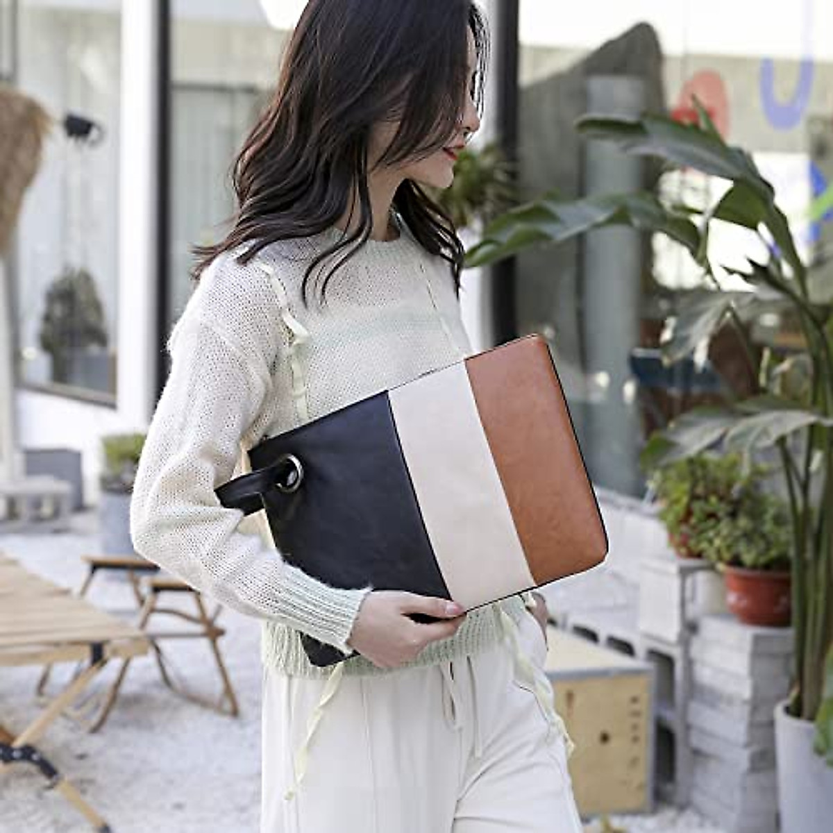 KlaOYer Large Colorblock Soft Pu Leather Wristlet Clutch Bag For Women Designer Large Wallet Evening Purse with Round handle (Brown-White-Green)