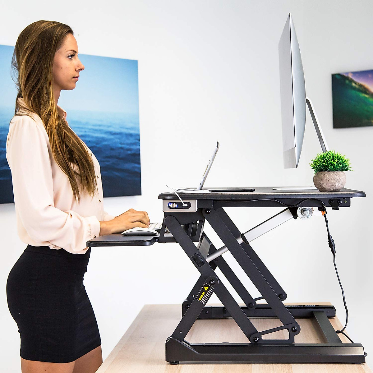 Mount-It! Electric Standing Desk Converter | Motorized Sit Stand Desk with Built in USB Port | Ergonomic Height Adjustable Workstation | Black (MI-7927E)