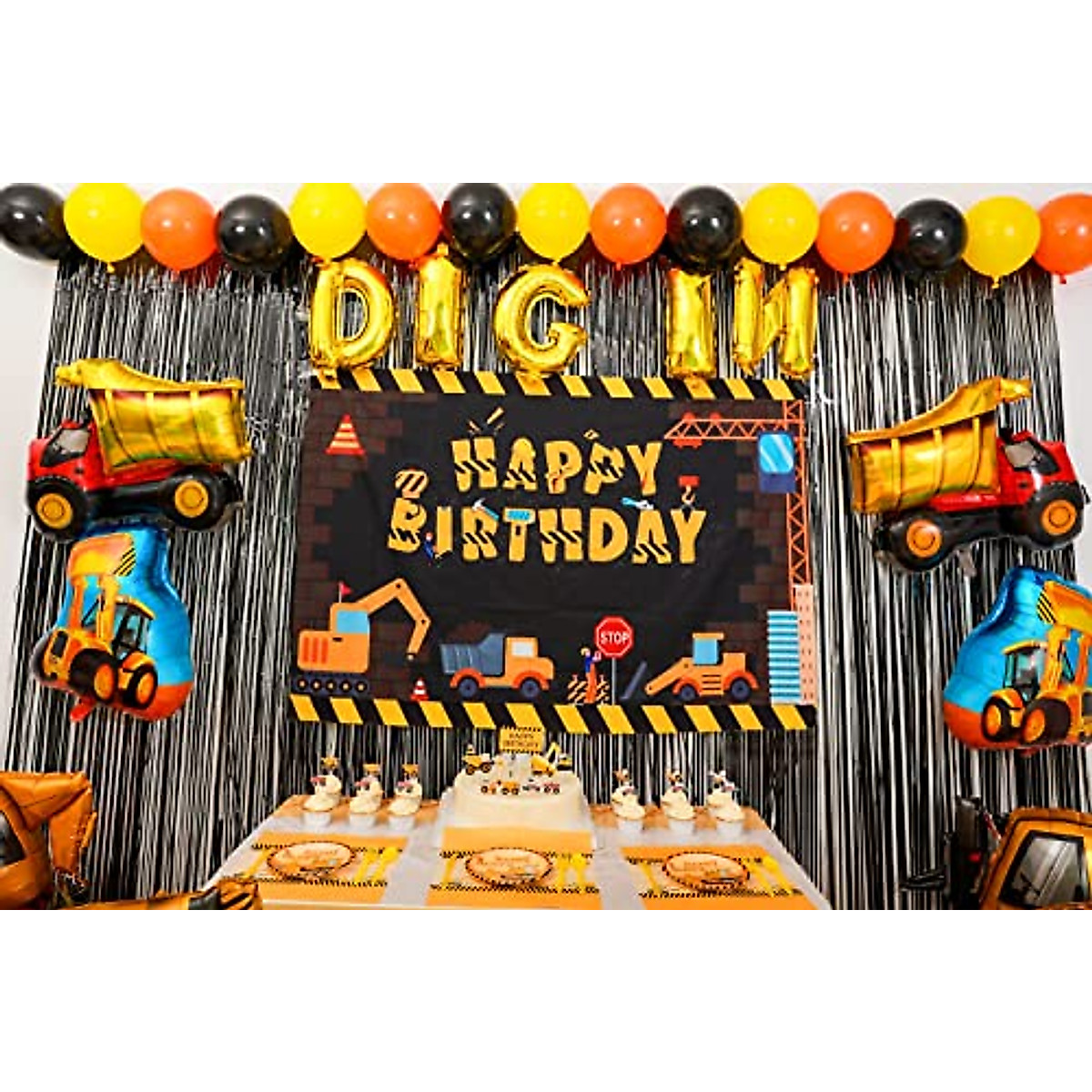 FIGEPO 179 Pack Construction Birthday Party Supplies Dump Truck Party Decorations Kits Plates, Utensils, Napkins, Tablecloth, Cake Toppers, Backdrop, Balloons, Curtains, Tape Banner Serves 16 Guests
