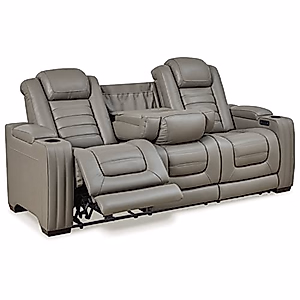Signature Design by Ashley Backtrack Contemporary Tufted Leather Power Reclining Sofa with Adjustable Headrest, Light Gray