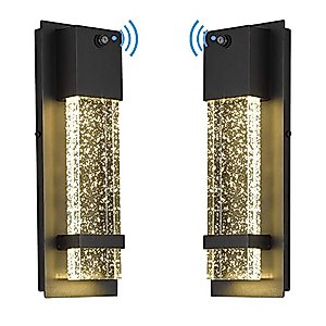 LED Dusk to Dawn Outdoor Wall Light Fixture - HWH Exterior Wall Sconce Porch Light 2 Pack, Outside Wall Lights in Black Finish with Crystal Bubble Glass, 5HW9-B-P-2PK BK