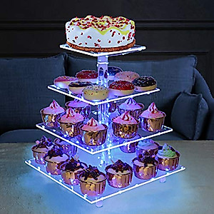 weddingwish Cupcake Stand, 4-Tier Square Acrylic Cupcake Display Stand with LED String Lights Dessert Tower Pastry Stand for Birthday or Wedding Party (Blue)