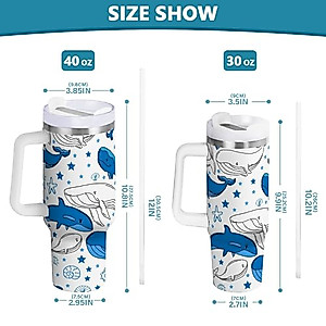 DIGTIA Stainless Steel Insulated Tumbler w/Handle & Straw, Blue White Whales Double Wall Vacuum Travel Coffee Mug Cup w/Lid, Leak-Proof Sports Ocean Water Bottle,30oz