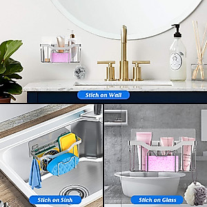 MURLONG Sink Caddy Sponge Holder for Kitchen Sink, Kitchen Sink Organizer 304 Stainless Steel for Dish Brush, Sponge, Soap Scrubber, Sink Stopper with Adhesive 2 Installation Ways-Silver