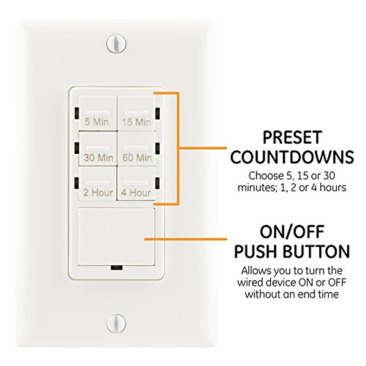 GE Push-Button Countdown Timer Switch, 5-15-30 Minute/1-2-4 Hour, ON/Off, No Neutral Wire Needed, Ideal for Lights, Exhaust Fans, Heaters, Wall Plate Included, 15318 , White