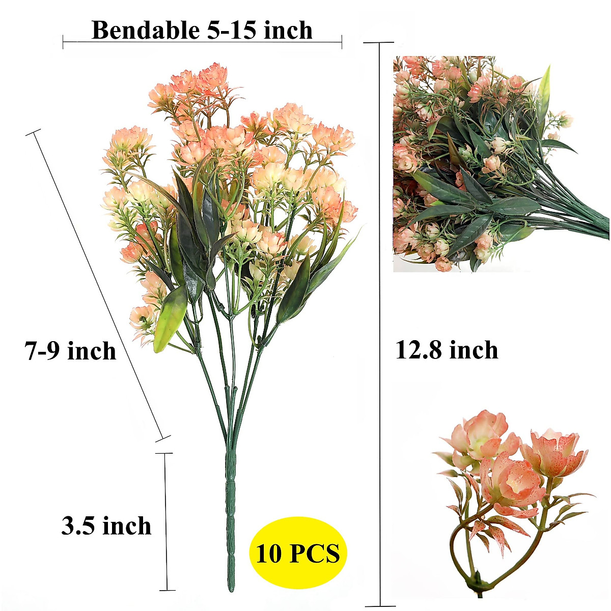 Grand Verde Plastic Flowers Artificial Bouquets Faux Wildflowers 12.8” Short Stems, Cemetery Grave Outdoor Balcony Decoration Bulk, 10pcs (Orange)