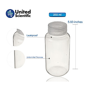 United Scientific® Unistore™ 33308 | Laboratory Grade Polypropylene Wide Mouth Reagent Bottle | Designed for Laboratories, Classrooms, or Storage at Home | 250ml (8oz) Capacity | Pack of 12