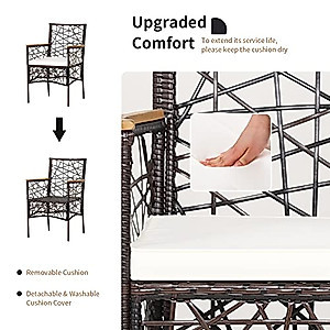 Tangkula Set of 2 Outdoor Dining Chairs, Patiojoy All-Weather PE Wicker Patio Bistro Chairs with Acacia Wood Armrests and Soft Cushions, Outdoor Armchairs for Porch, Garden, Poolside and Backyard