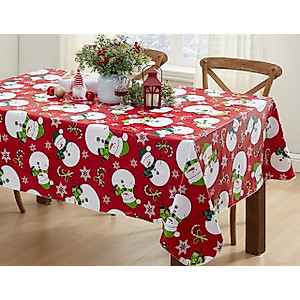 Newbridge Red Swirling Snowman Christmas Vinyl Tablecloth with Flannel Backing, Candy Cane and Snowflakes Xmas Easy Care Vinyl Winter Holiday Tablecloth, 60” x 102” Oblong/Rectangle