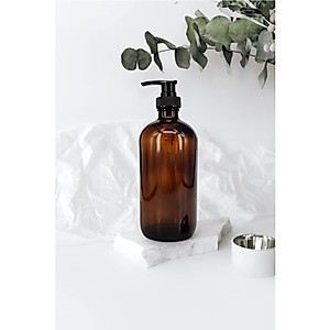 BPFY 4 Pack 16 oz Amber Glass Bottles with Pumps for Shampoo, Essential Oils, Cleaning Products, Lotions, Aromatherapy Oil, Pump Bottles, Refillable Containers with Cap, 8 Chalk Labels, 1 Pen